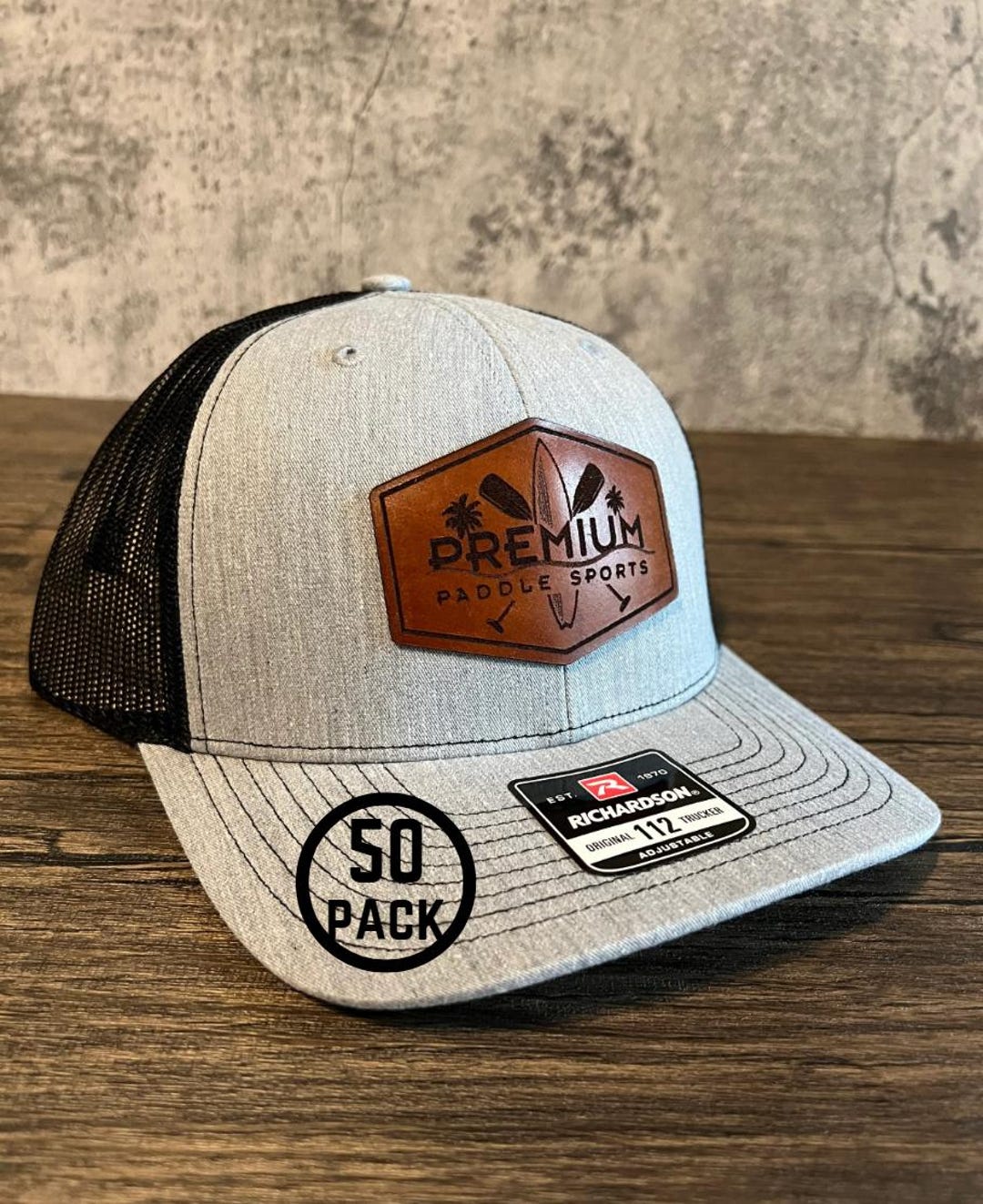 50 Custom Hats - Richardson 112 Leather Patch TRUCKER Hats, Laser ...