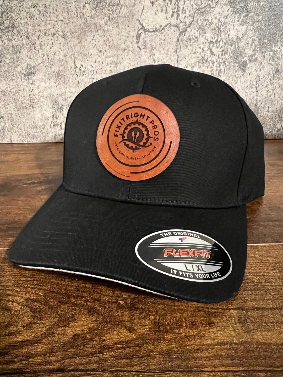 Flexfit Fitted Hat: Custom Leather Patch Cotton Twill Cap - Etsy