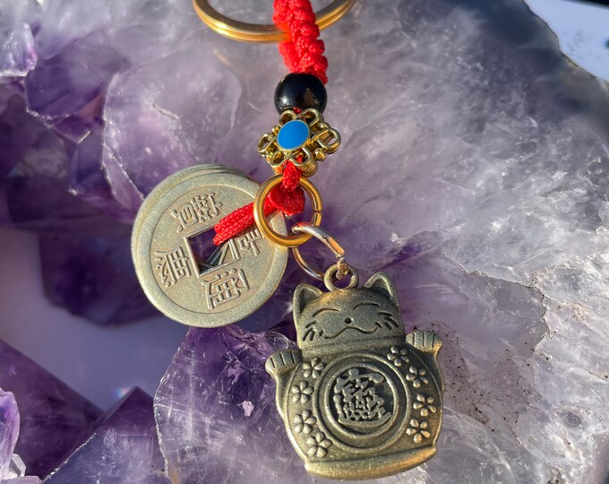 Feng Shui Golden Cat Keyring, Keychain, Lucky Cat, Good Luck Amulet ...