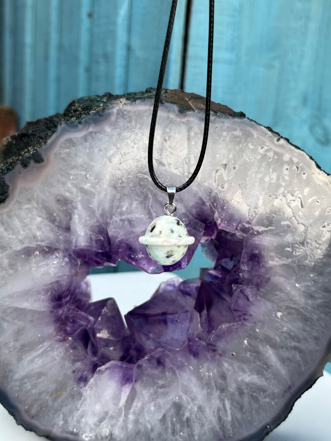 Earthy Elegance: Kiwi Jasper Planet Pendant on Leather Cord - Etsy