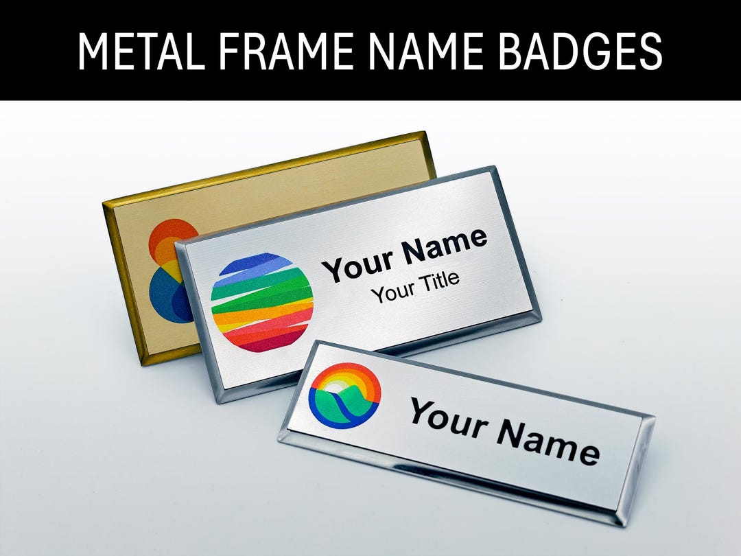 Customizable Employee Metal Frame Name Badges - Silver & Gold ...