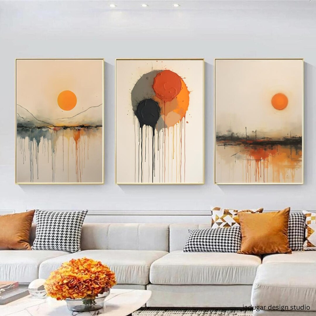 Abstract Sun Art, 3 Wall Paintings, Splashed Color Art, Sunrise Art ...