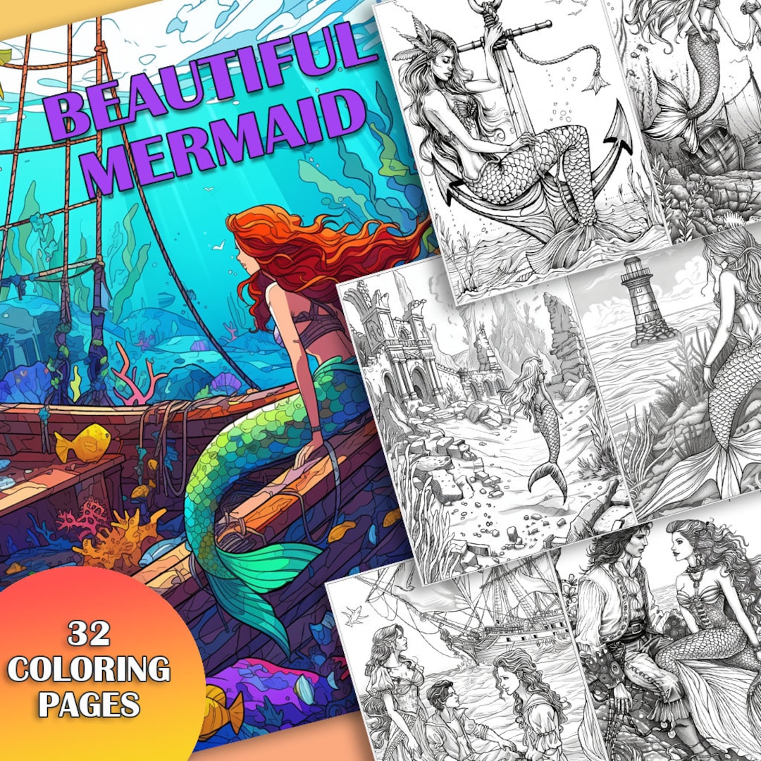 32 Fantasy Beautiful Mermaid Coloring Book, Printable PDF, Coloring ...