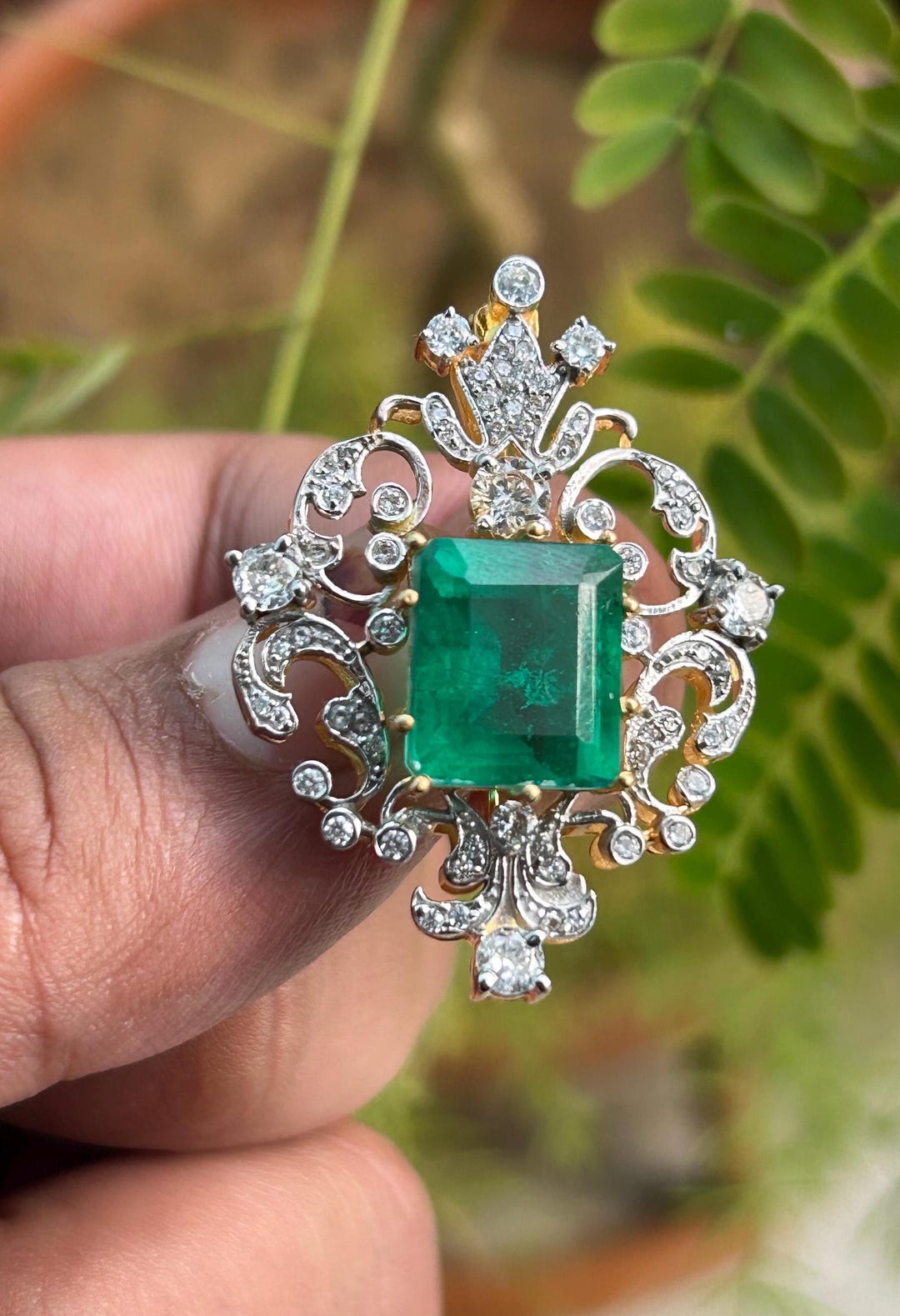 Vintage Emerald & Diamond Brooch Pin: 925 Sterling Silver 18K Gold ...