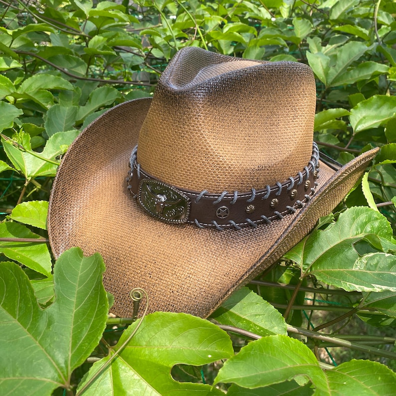 Western Cowboy Straw Hat With Longhorn: Faux Leather Band - Etsy