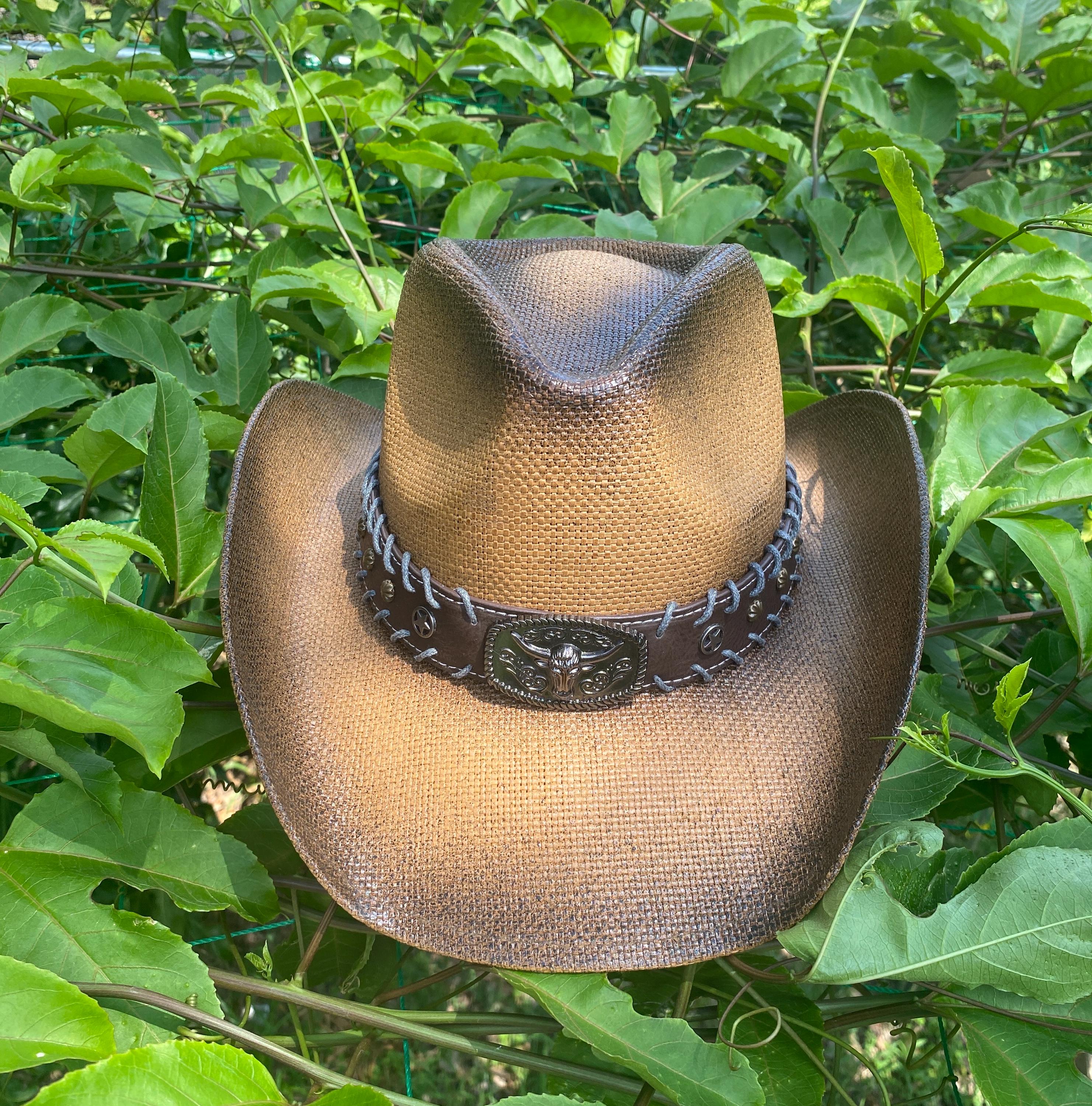 Western Cowboy Straw Hat With Longhorn: Faux Leather Band - Etsy