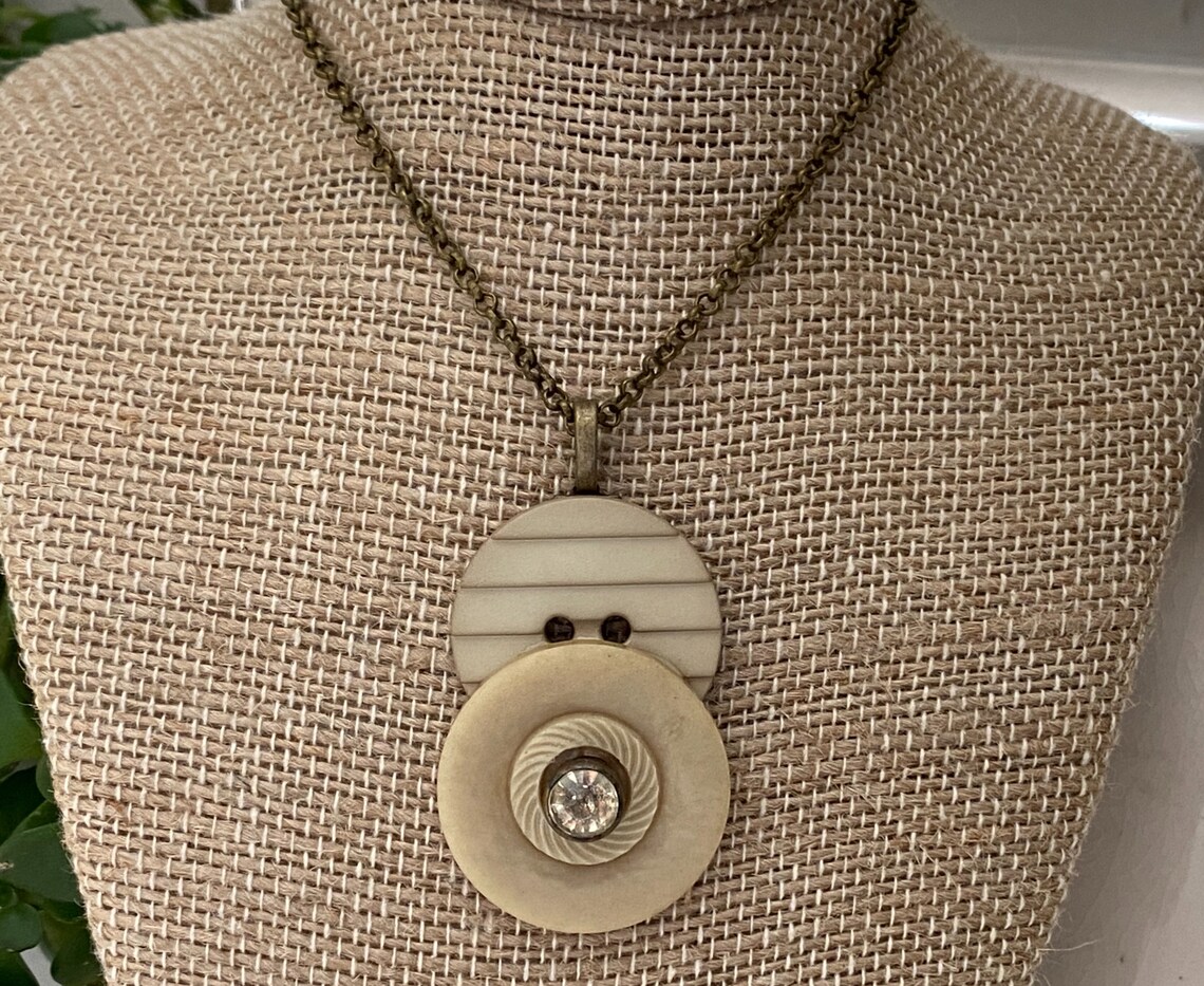 Vintage Button Pendant Antique Blonde Button and Rhinestone Necklace ...