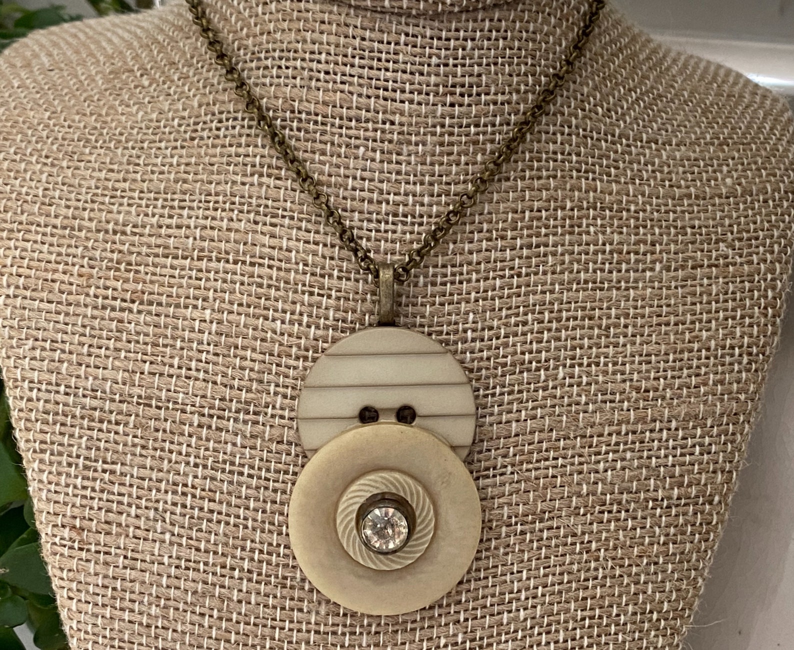 Vintage Button Pendant Antique Blonde Button and Rhinestone Necklace ...