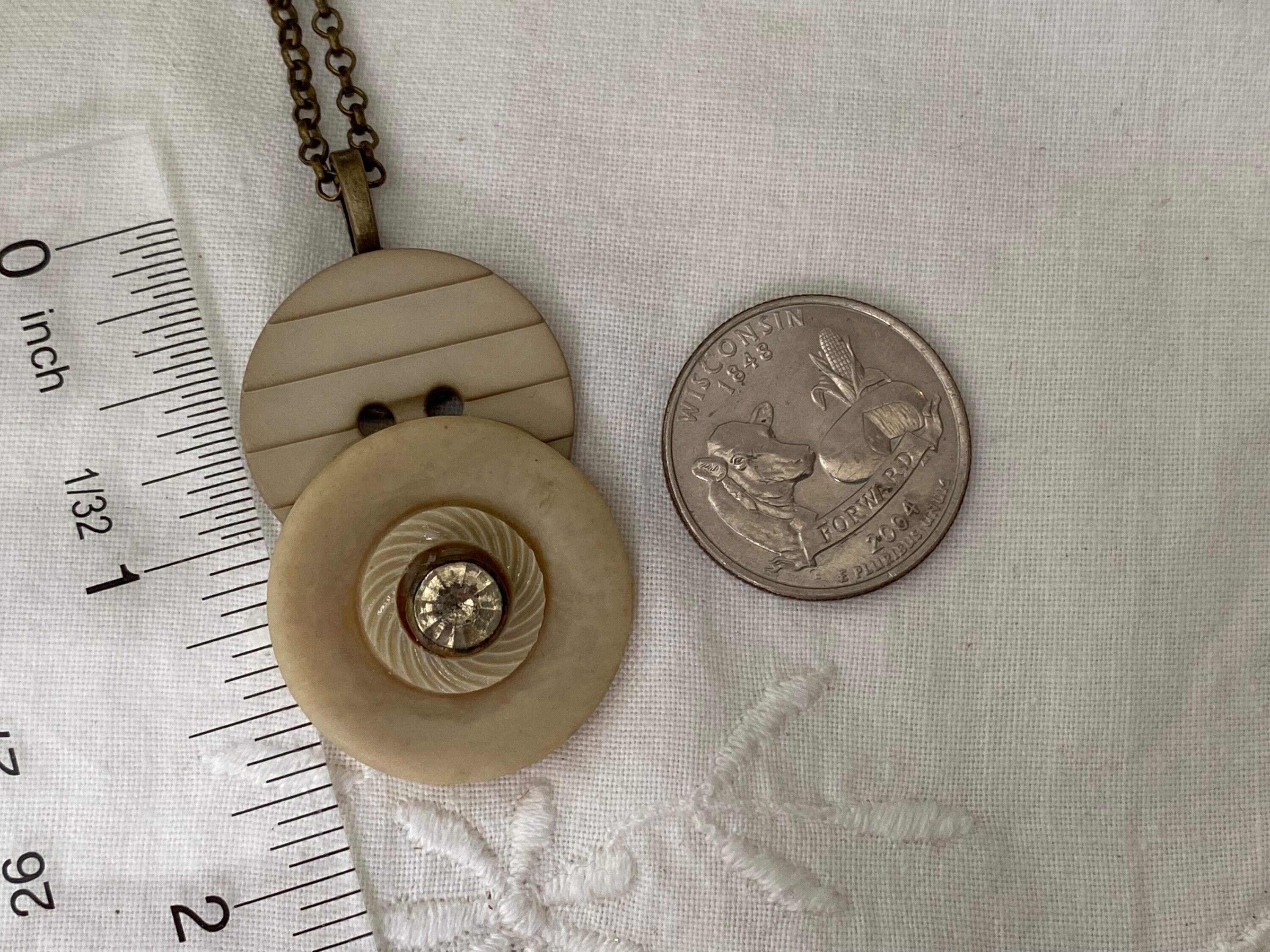 Vintage Button Pendant Antique Blonde Button and Rhinestone Necklace ...