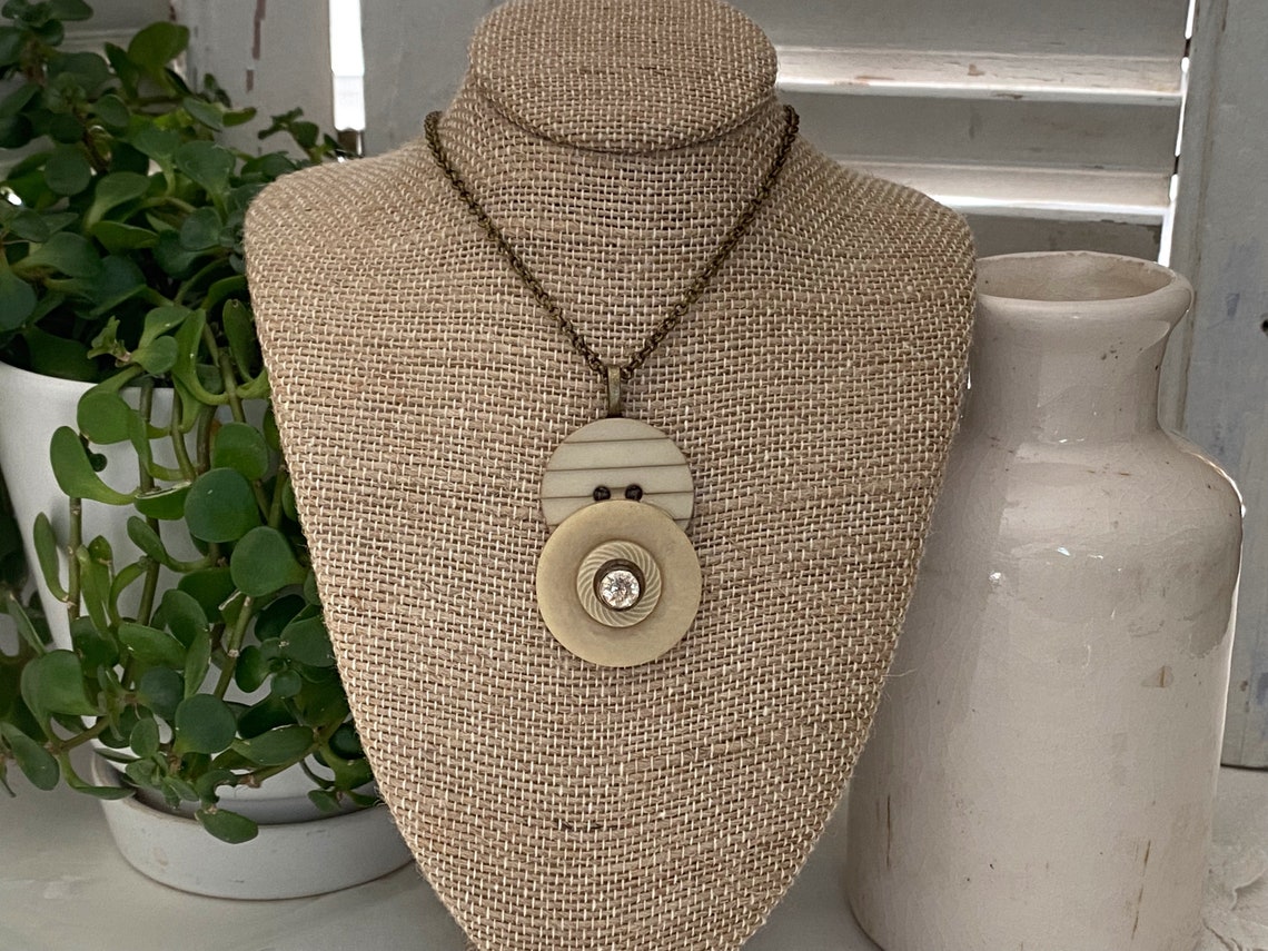 Vintage Button Pendant Antique Blonde Button and Rhinestone Necklace ...