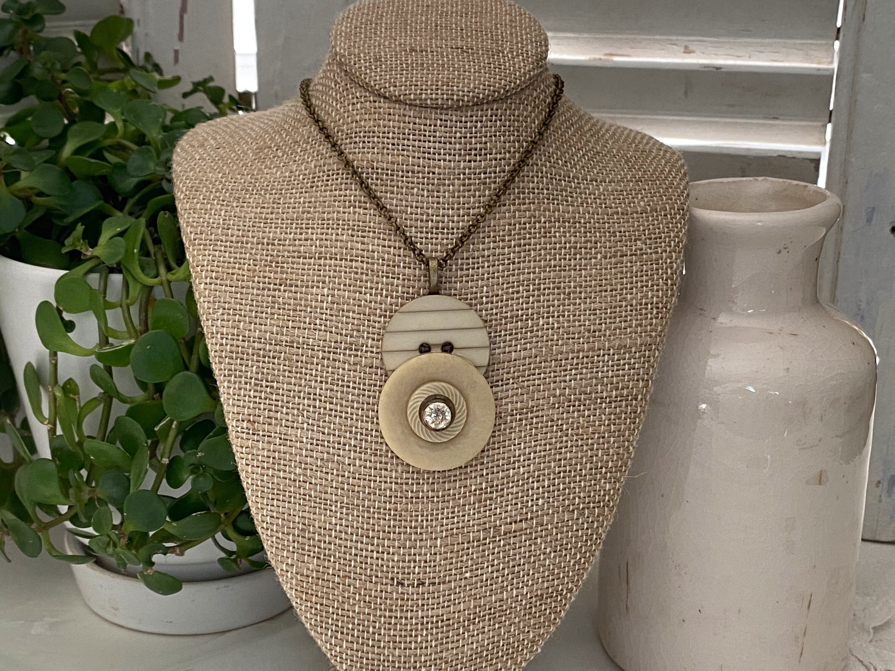 Vintage Button Pendant Antique Blonde Button and Rhinestone Necklace ...