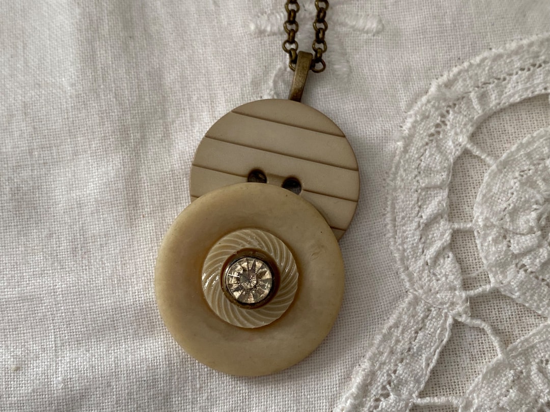 Vintage Button Pendant Antique Blonde Button and Rhinestone Necklace ...