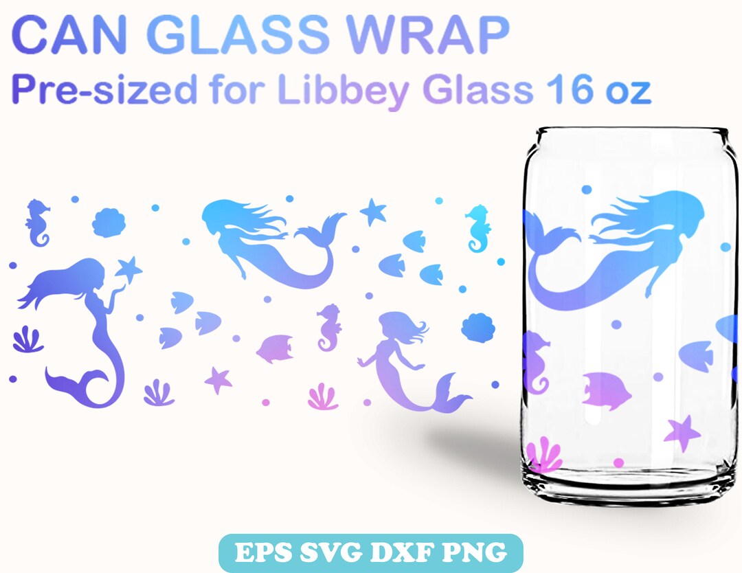 Cute Mermaid Can Glass 16 Oz, Kawaii Mermaid Pre-sized Wrap Design for ...