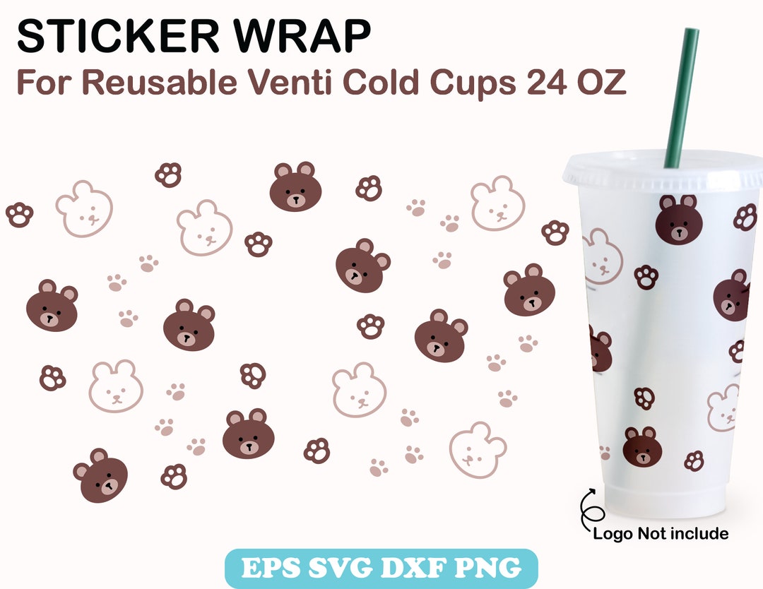 Cute Bear Full Sticker Wrap for Venti Cold Cup 24 OZ, Kawaii Teddy Bear ...