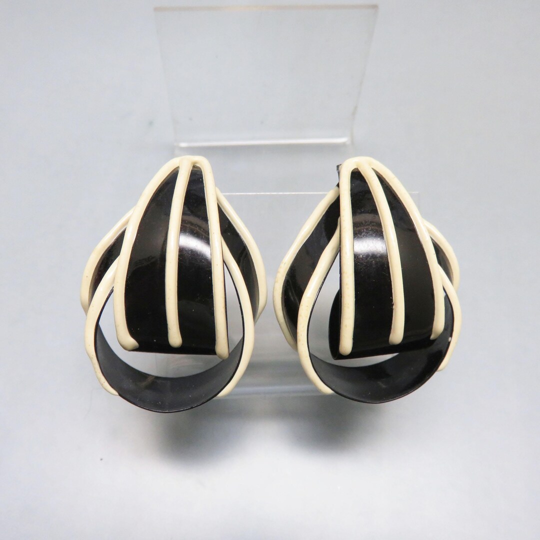 1960s Funky Black and White Celluloid Pierced Earrings, Big and Bold ...