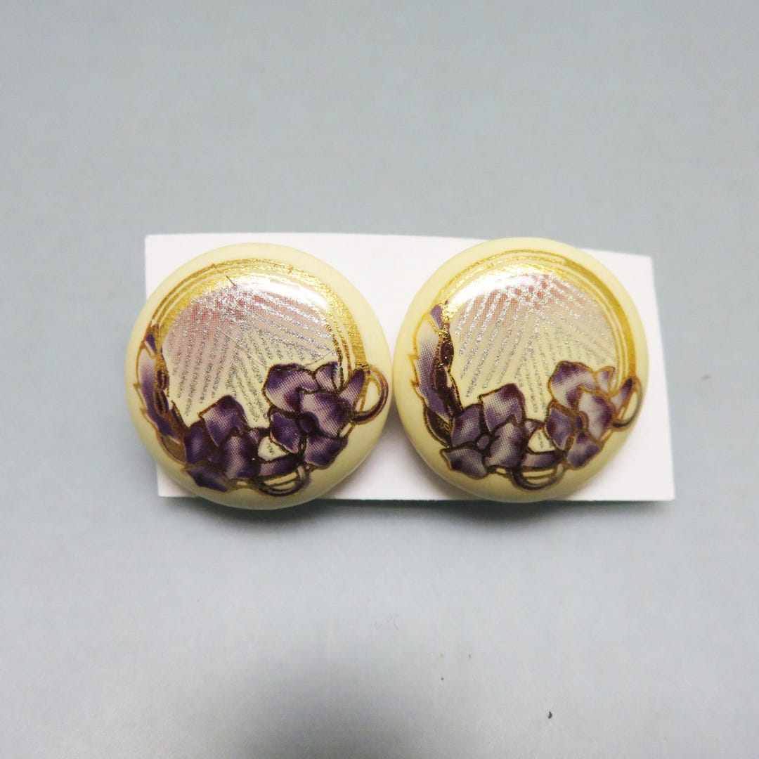 1960s Pottery Transfer Post Style Earrings, Vintage Japanese Violets - Etsy