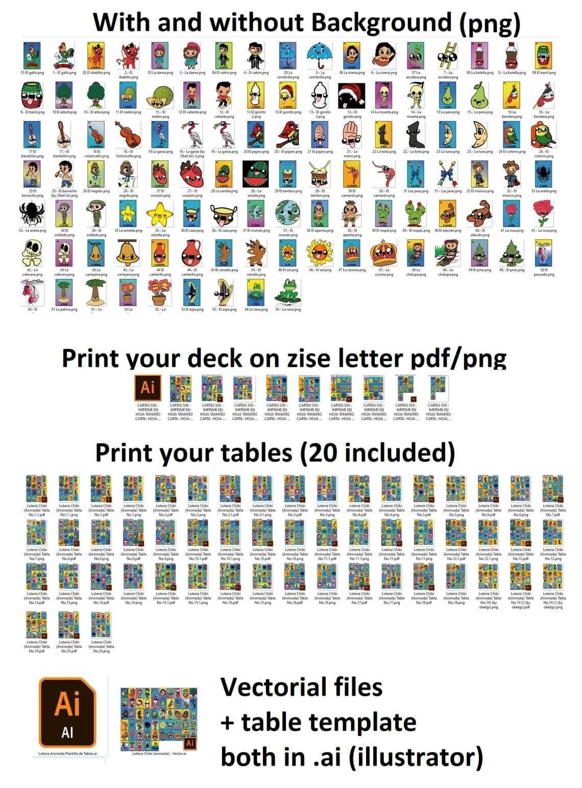 Loteria Chibi Loteria Animada Kit Completa 54 Designs - Etsy