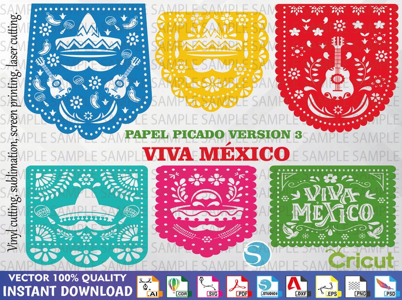 Papel Picado #4 - Papel Picado Vector - Viva México - Ready for Cut ...