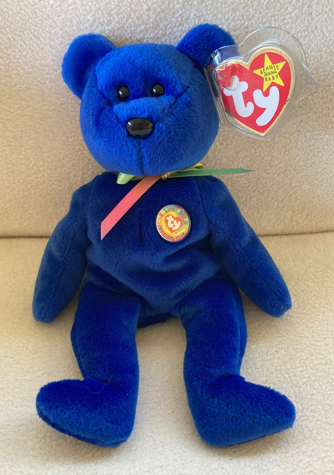 CLUBBY Royal Blue Bear Ty Beanie Baby, 1998 Official Club WITH ERRORS ...