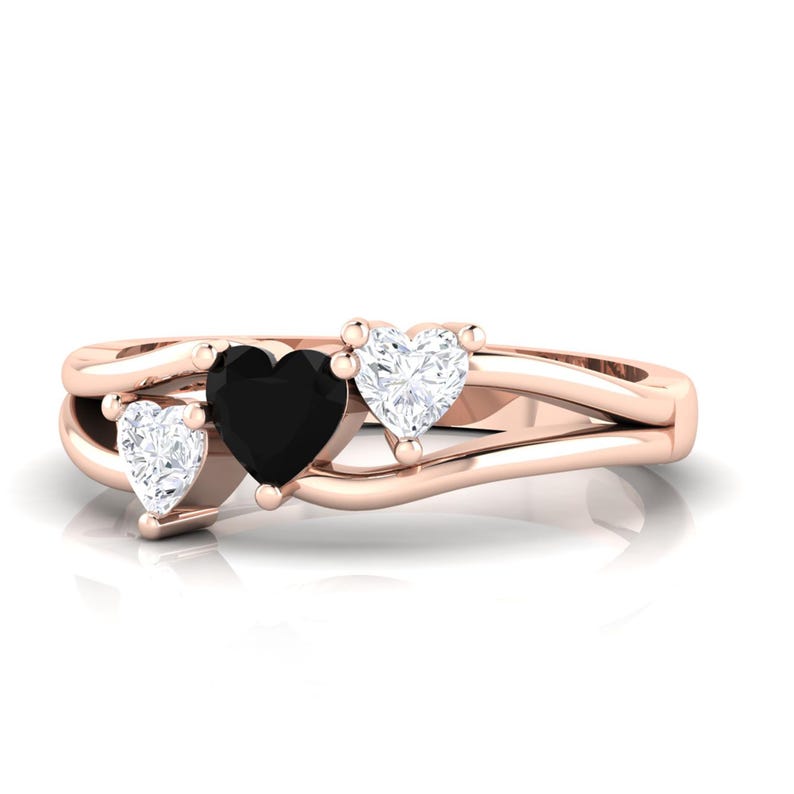 Natural Black Onyx Wedding Ring Three Heart Ring Valentine Ring 14k ...