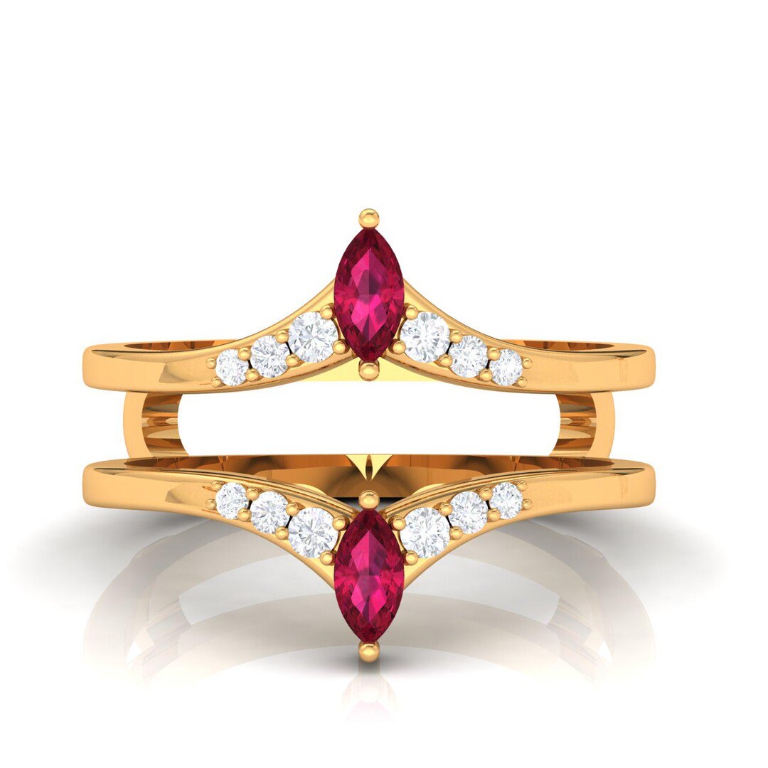 Art Deco Ruby Ring Enhancer 14K Gold V-shape Guard Band Unique Stacking ...