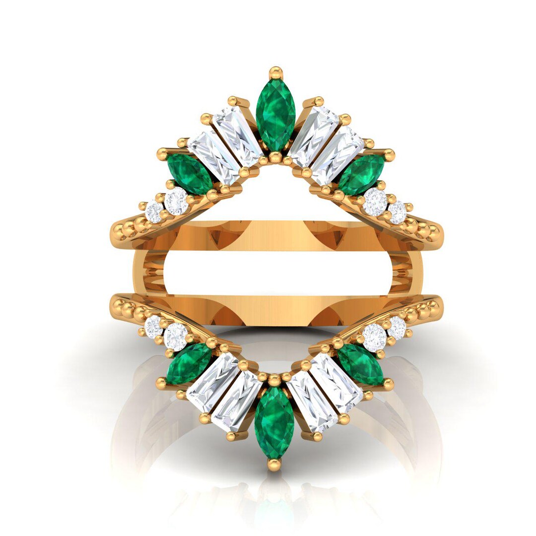 Marquise Emerald Ring Wrap Baguette Diamond Enhancer Band V Shape ...
