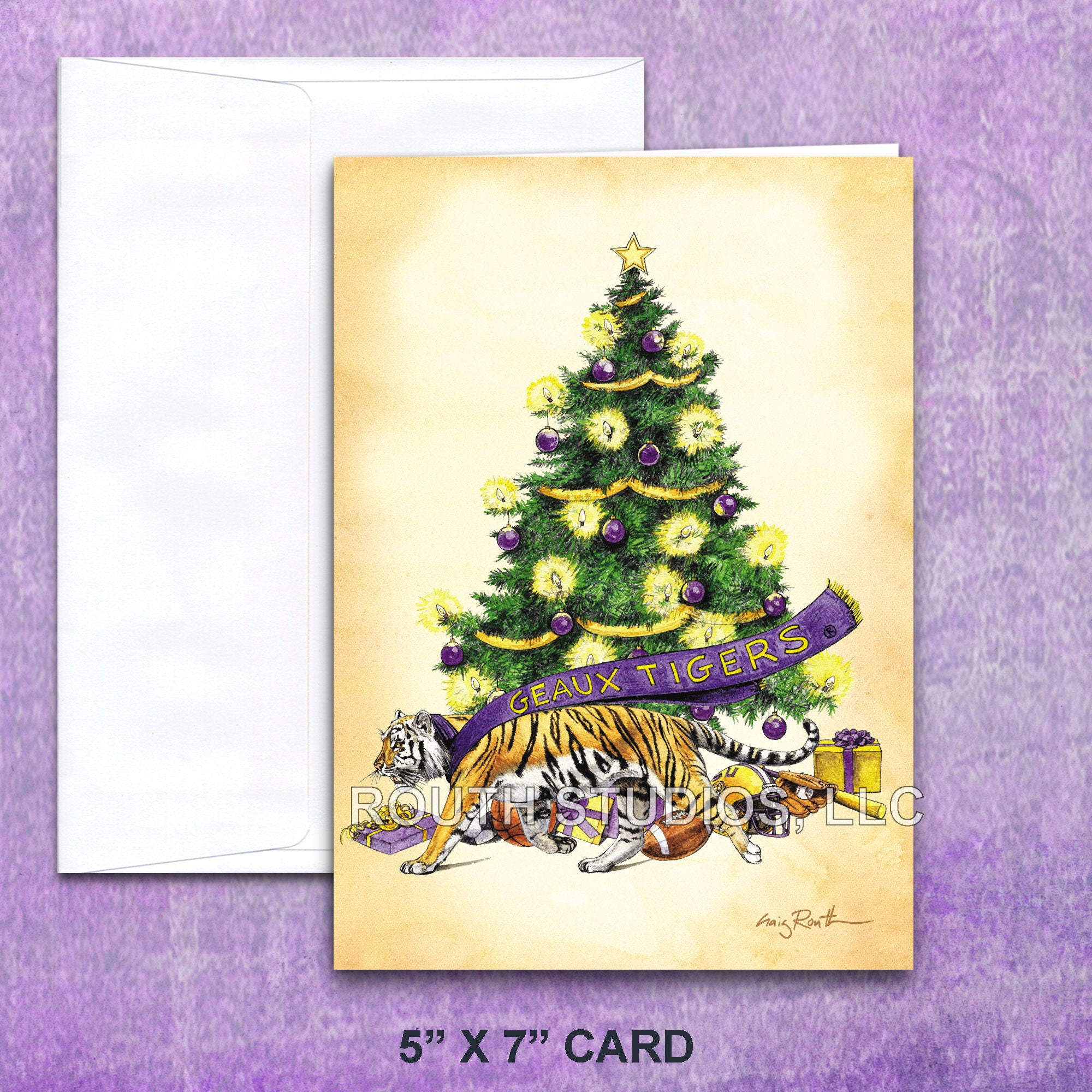 LSU Christmas Cards With Recipe - Geaux Christmas Tree by Artist Craig ...