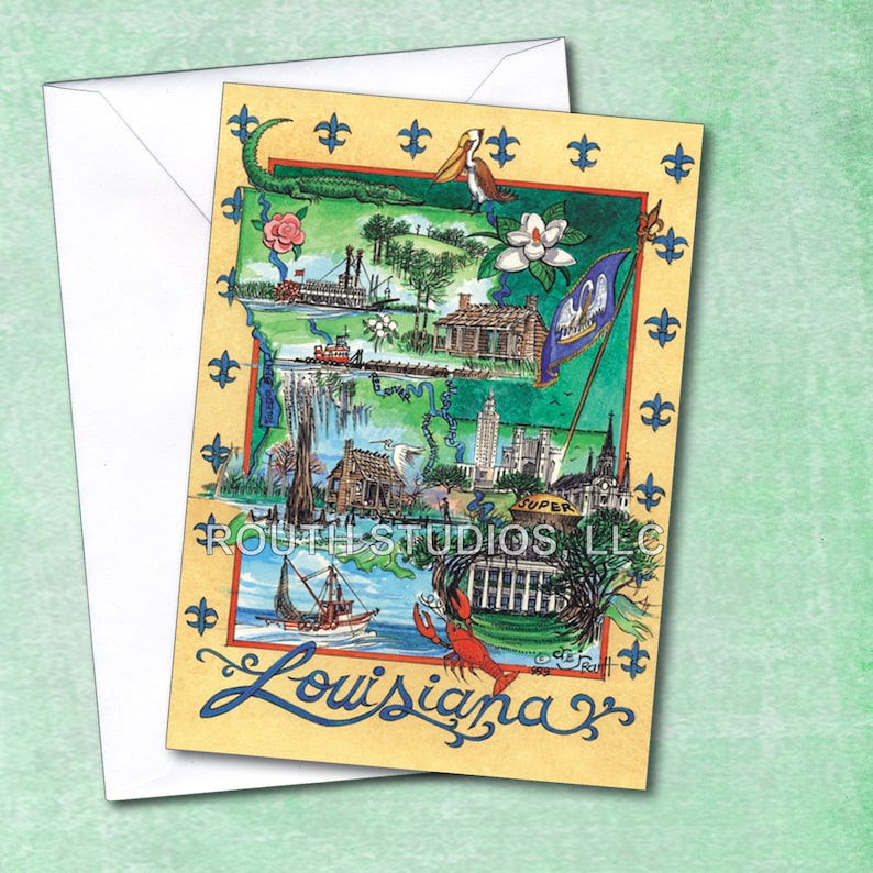 Louisiana Note Cards - Louisiana State Composite by Artist, Craig ...