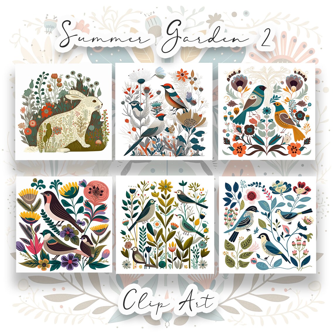 12 Summer Garden Folk Art Clip Art Bundle Vol.2, Scandinavian Garden ...