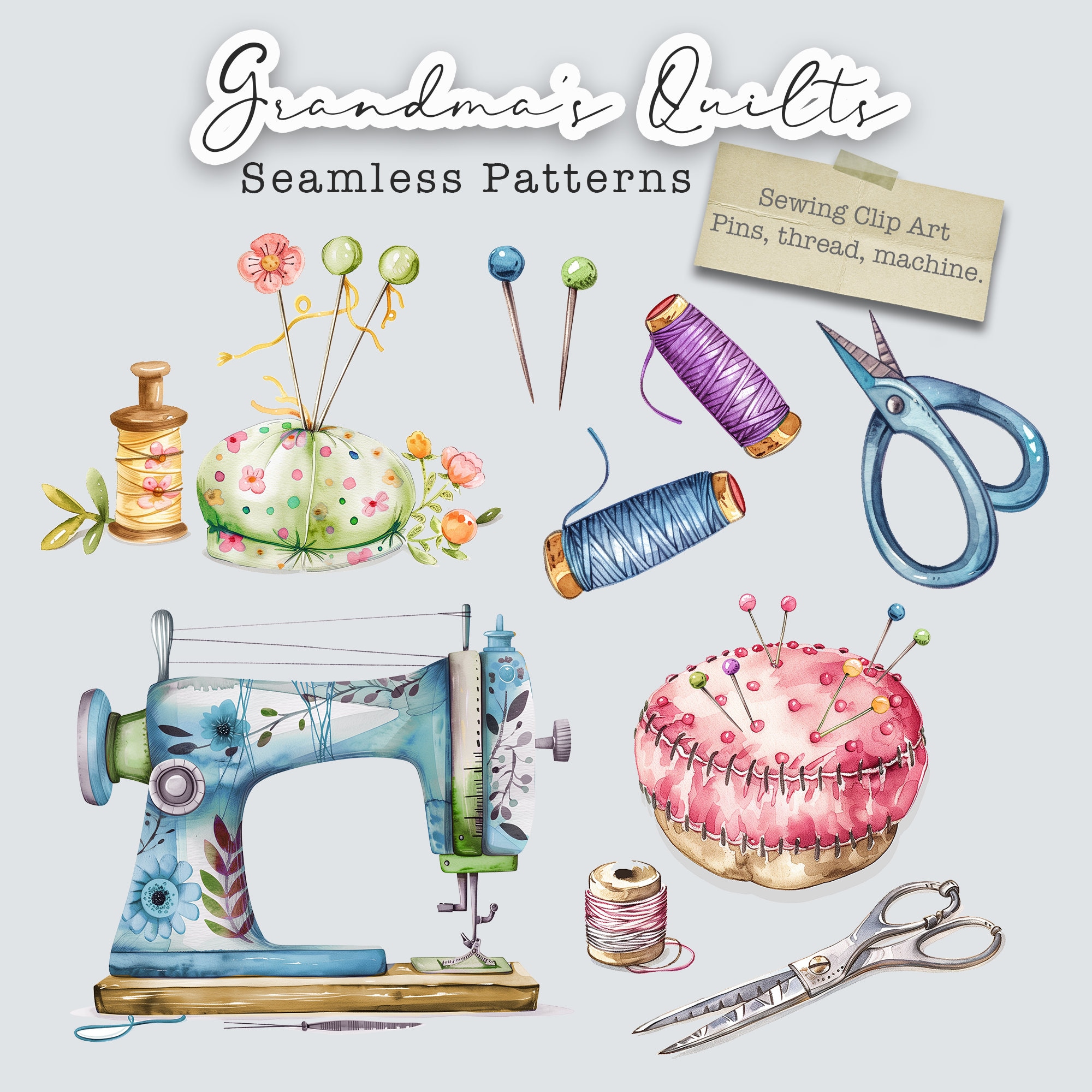 Grandma's Quilt Digital Clip Art & Seamless Patterns, Sewing Clip Art ...