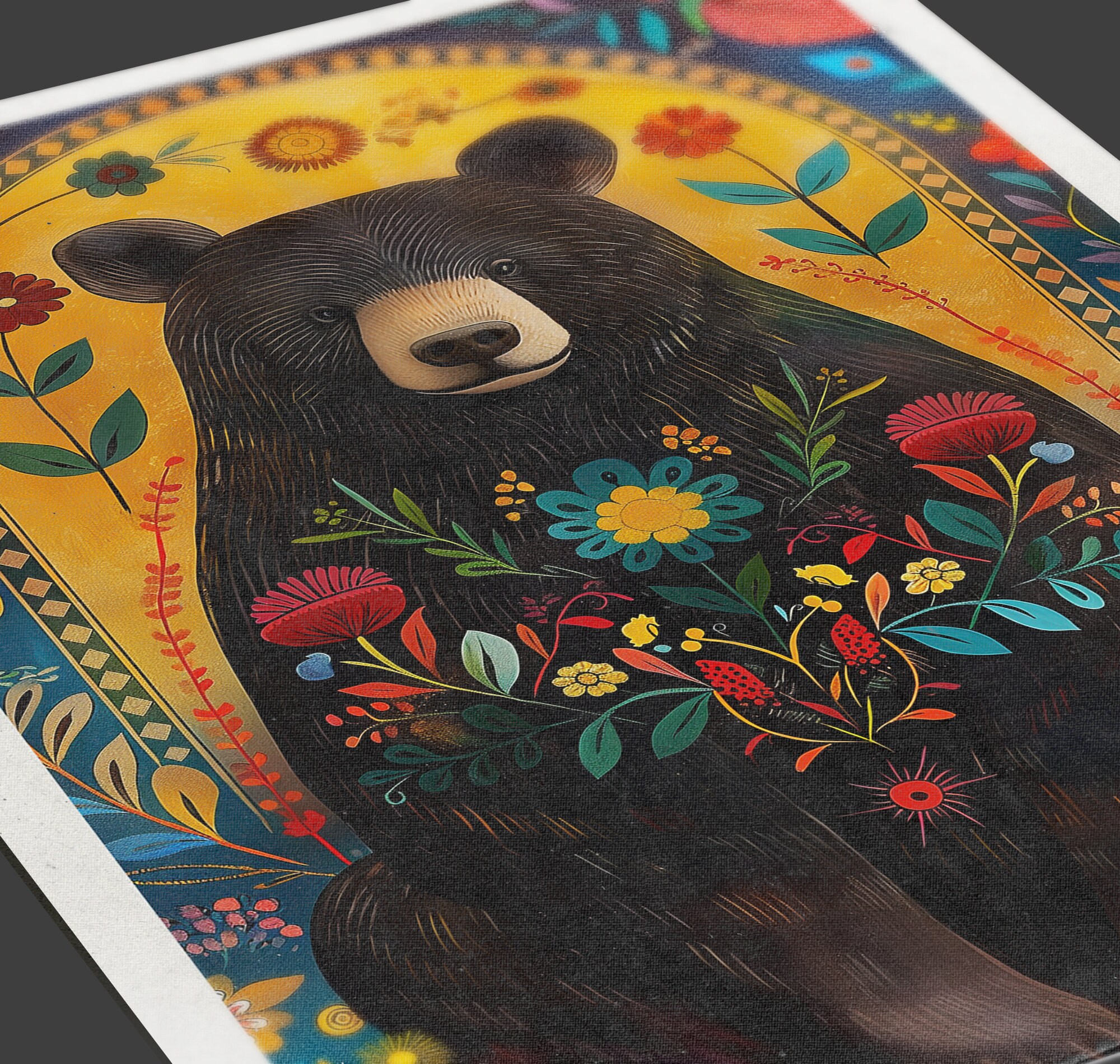 Traditional Folk Art Print "bear Bloom", Scandi Print, Bear Art Print ...