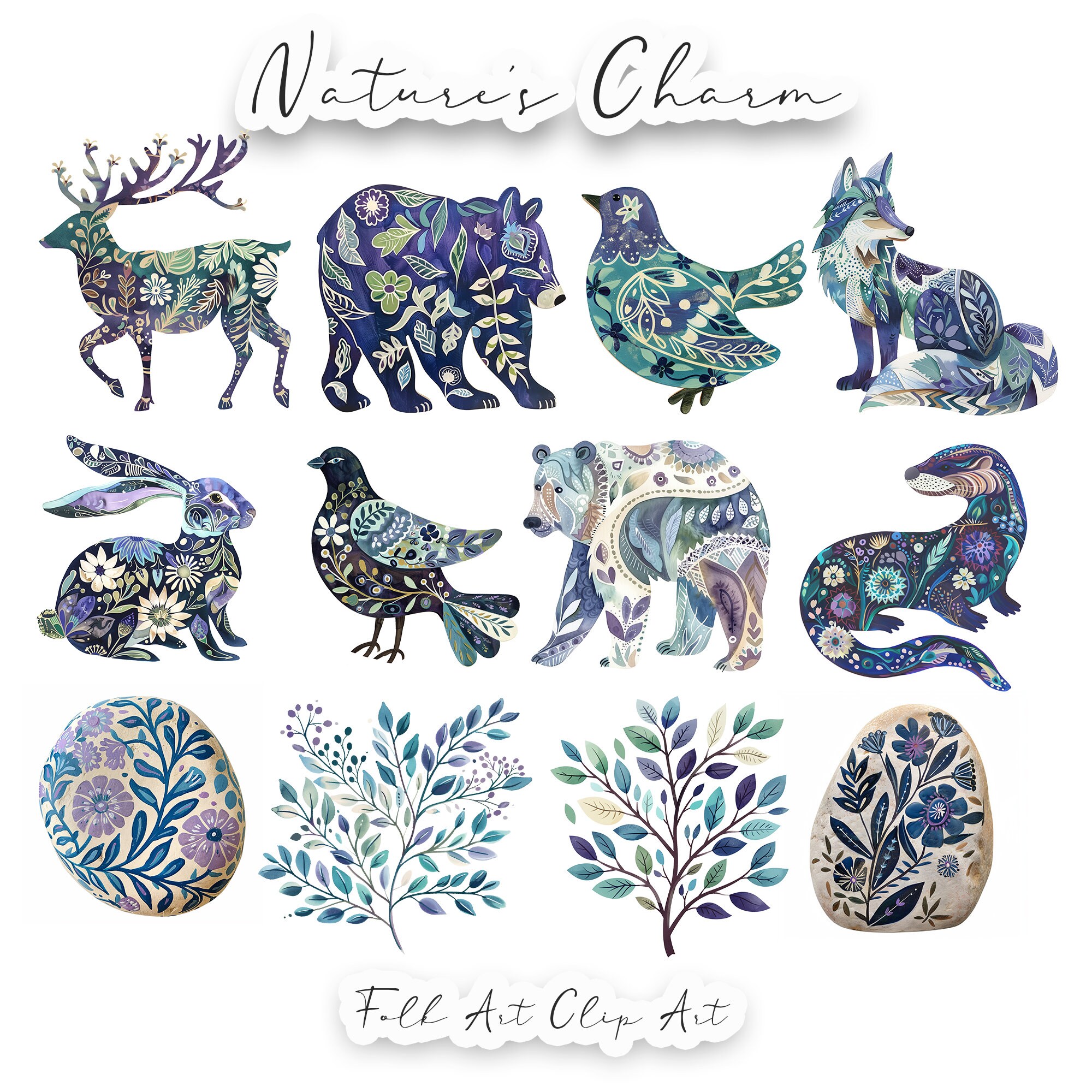 33 Nature's Charm Animal Folk Art Clip Art Bundle, Scandinavian Folk ...