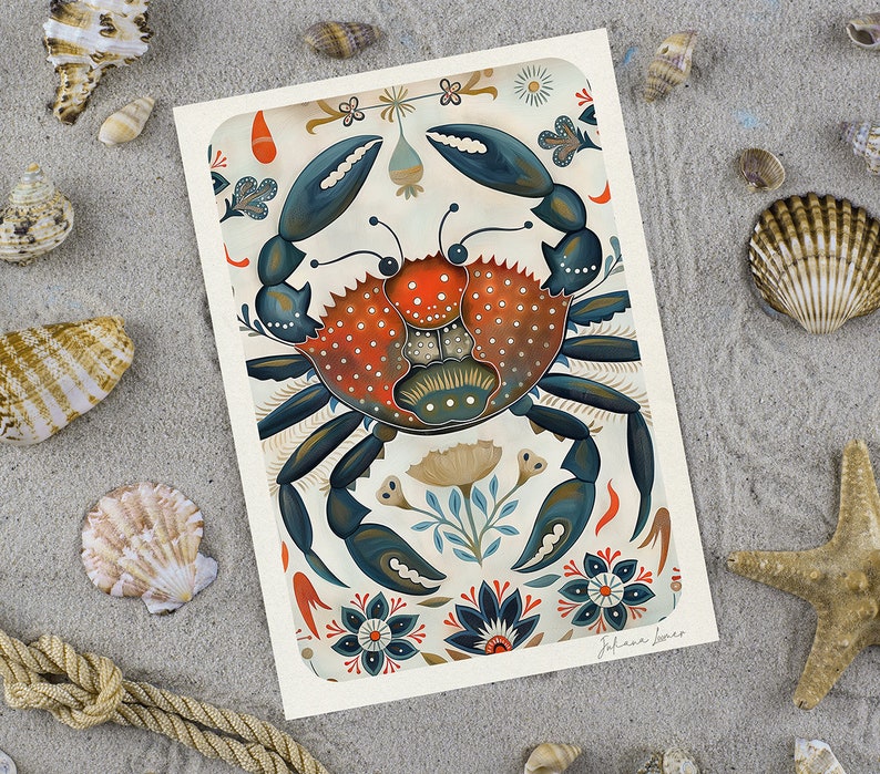 Red Crab Art Print: Nautical Folk Art, Coastal Decor - Etsy