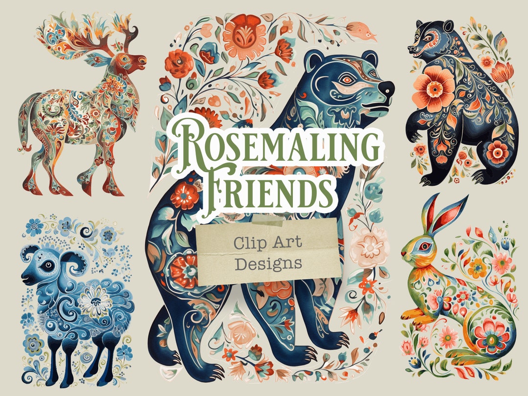 14 Rosemaling Friends Animal Folk Art Clip Art Bundle, Scandinavian ...