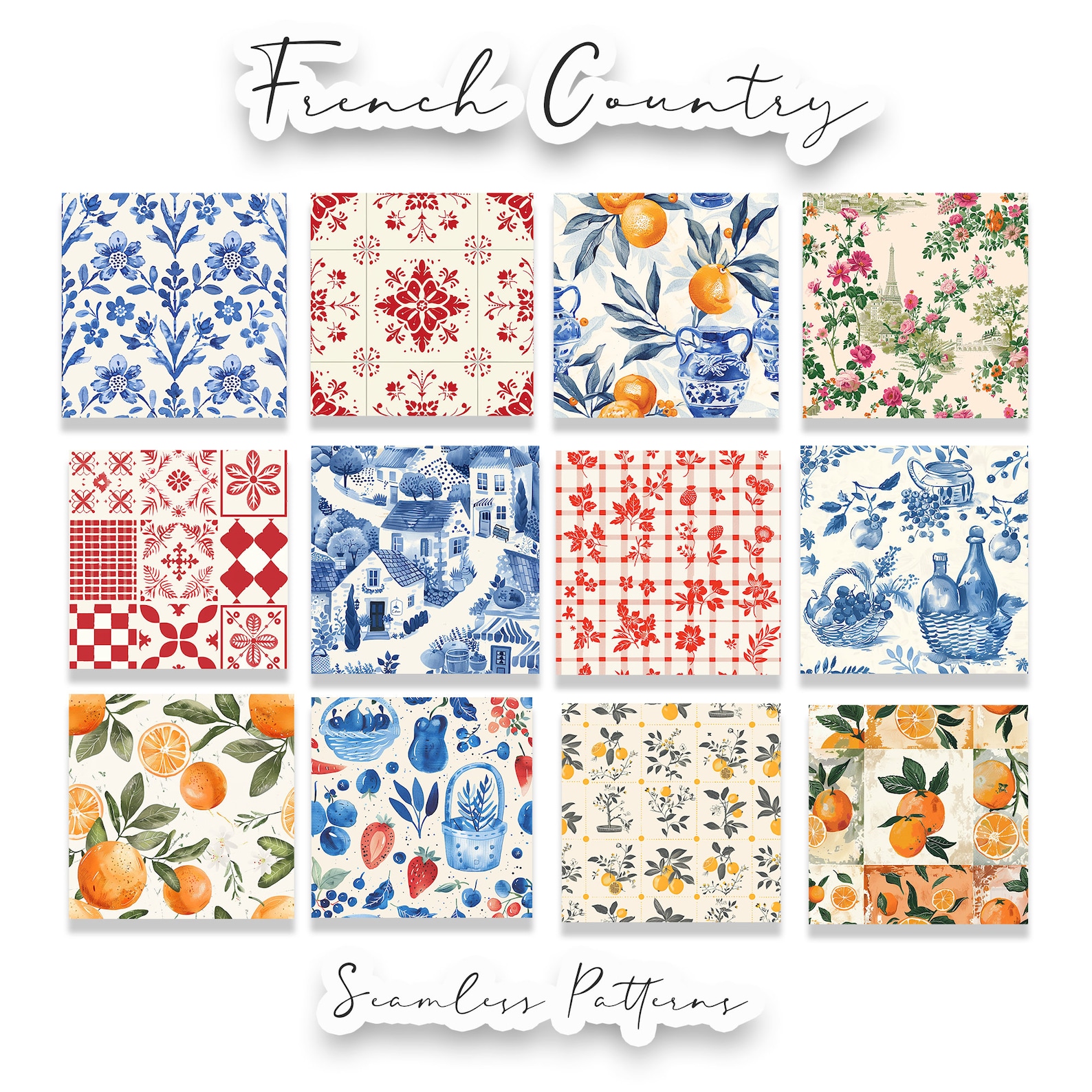 French Country Toile Seamless Patterns: Shabby Chic Retro Designs (SVG ...