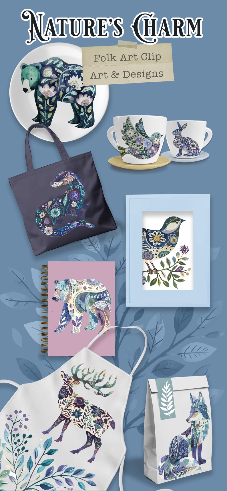 33 Nature's Charm Animal Folk Art Clip Art Bundle, Scandinavian Folk ...
