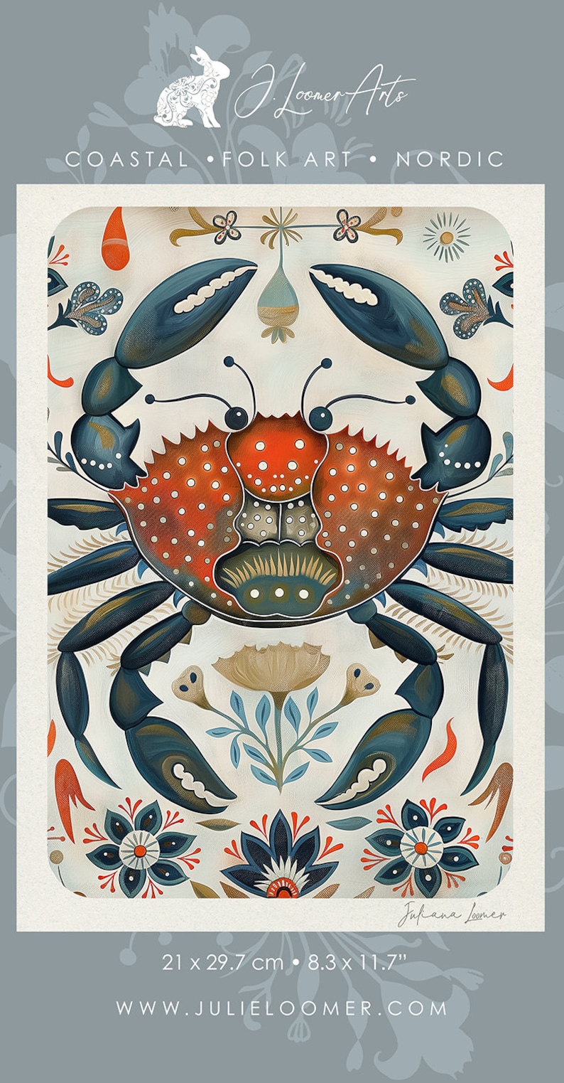 Red Crab Art Print: Nautical Folk Art, Coastal Decor - Etsy
