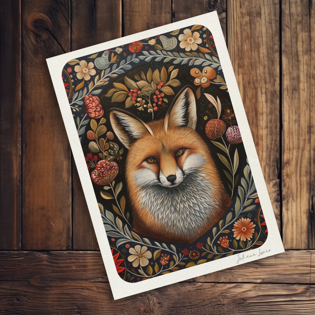 Traditional Folk Art Print "floral Fox", Cottage Core Decor, Nordic Art Print, Fox Wall Art ...