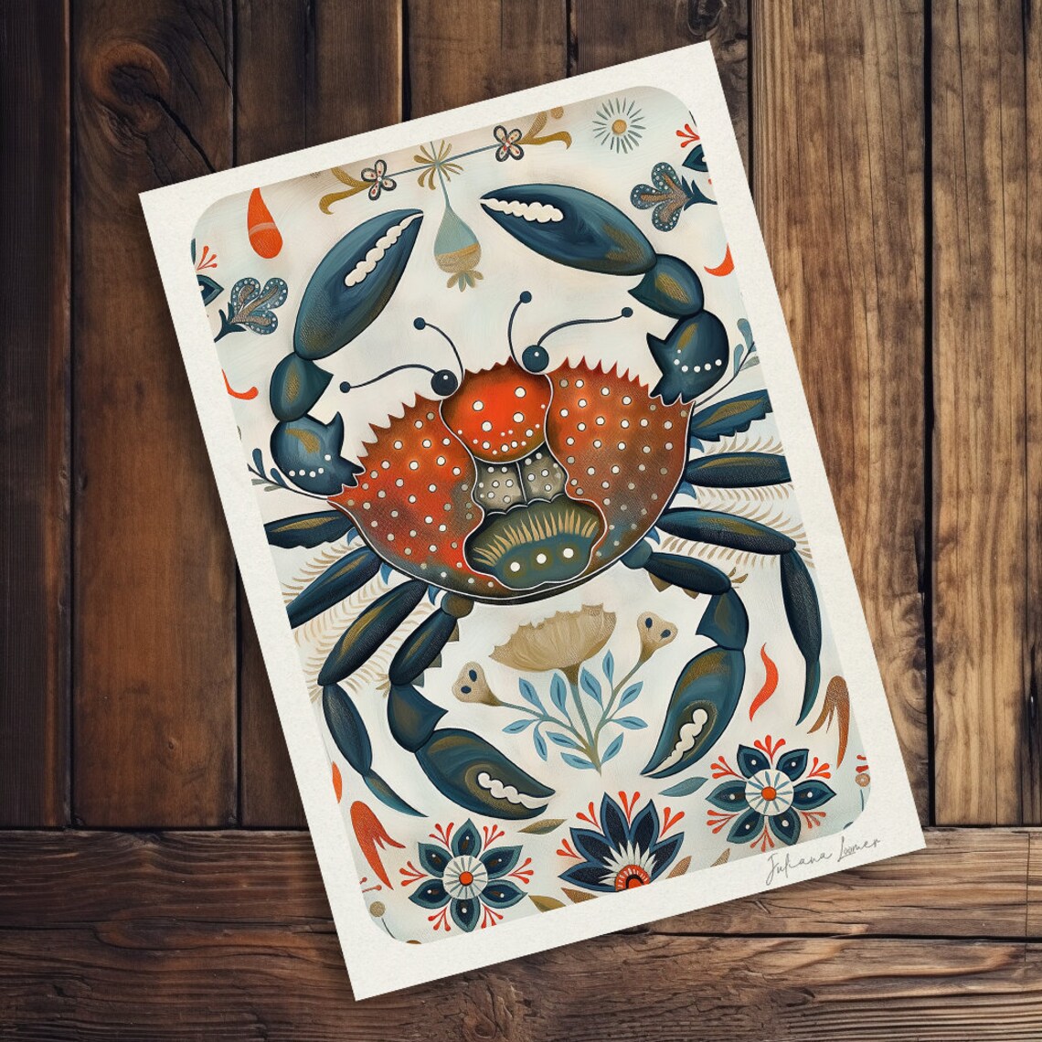Red Crab Art Print: Nautical Folk Art, Coastal Decor - Etsy