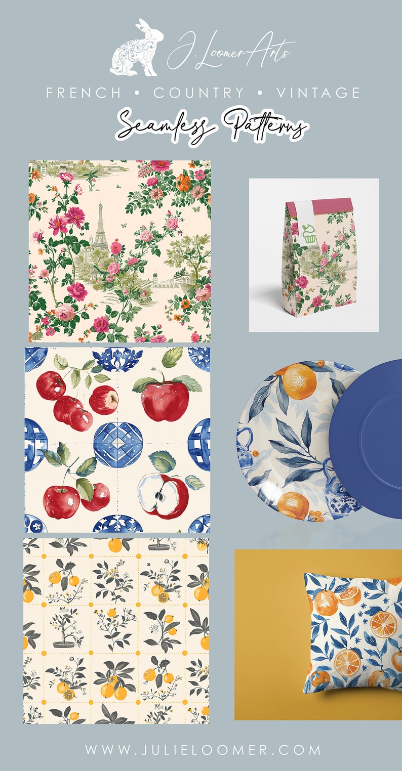 French Country Toile Seamless Patterns: Shabby Chic Retro Designs (SVG ...