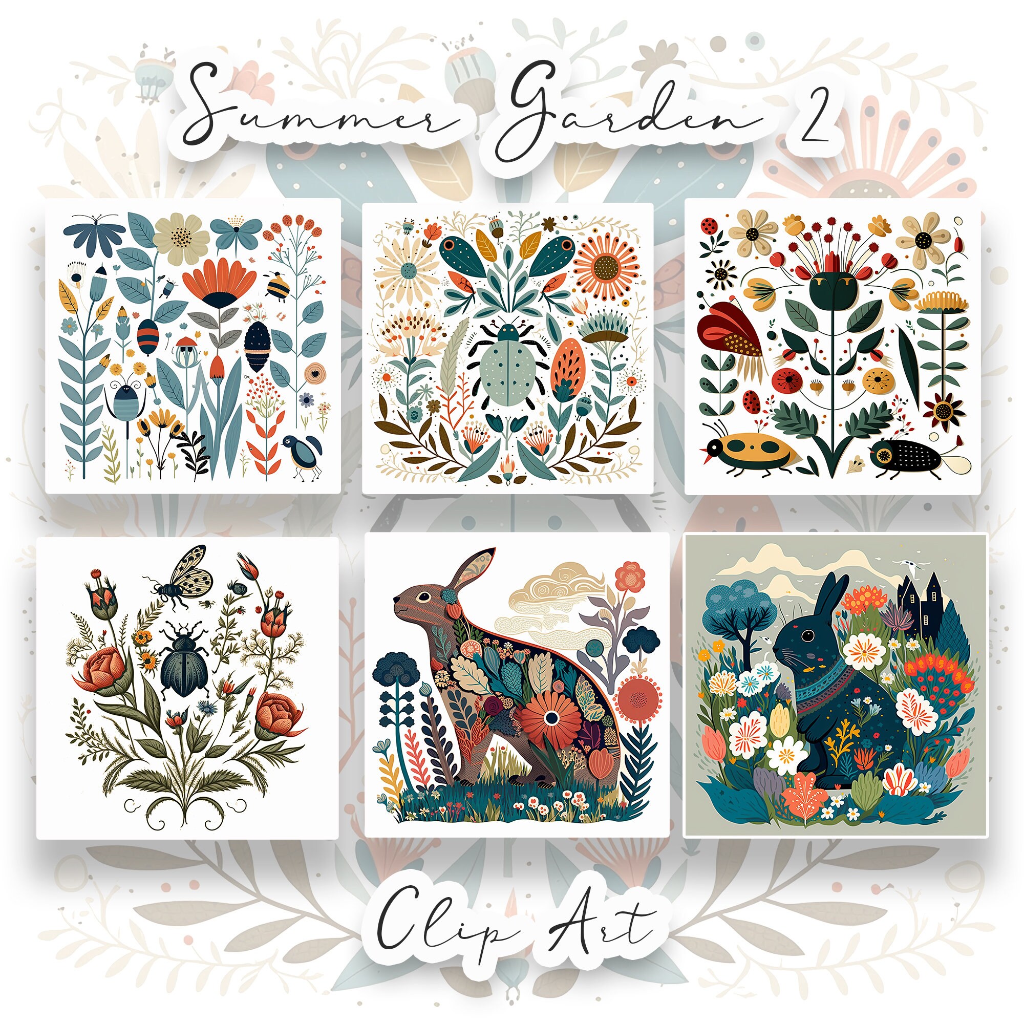 12 Summer Garden Folk Art Clip Art Bundle Vol.2, Scandinavian Garden ...