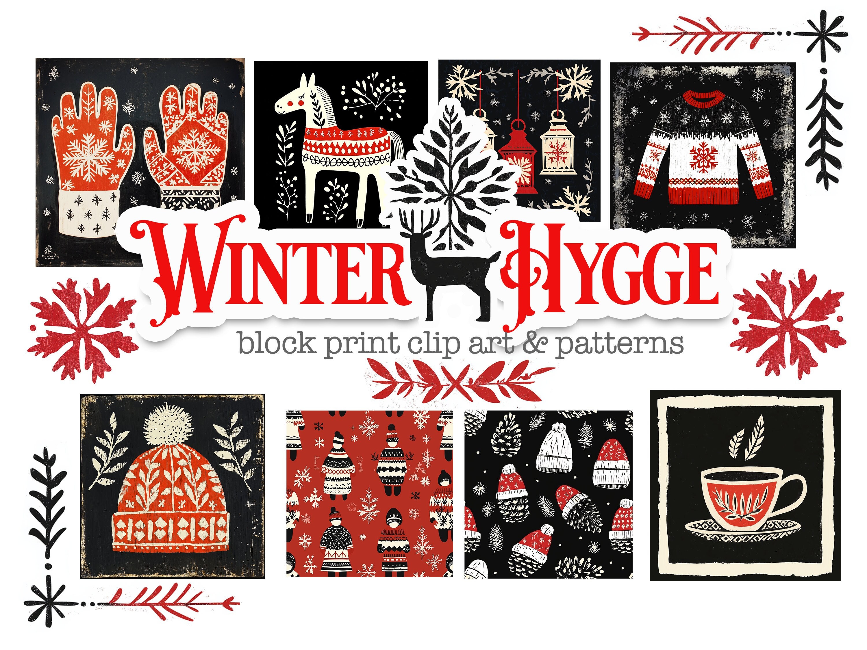 Scandinavian Winter Hygge Block Print Bundle, Traditional Nordic Art ...