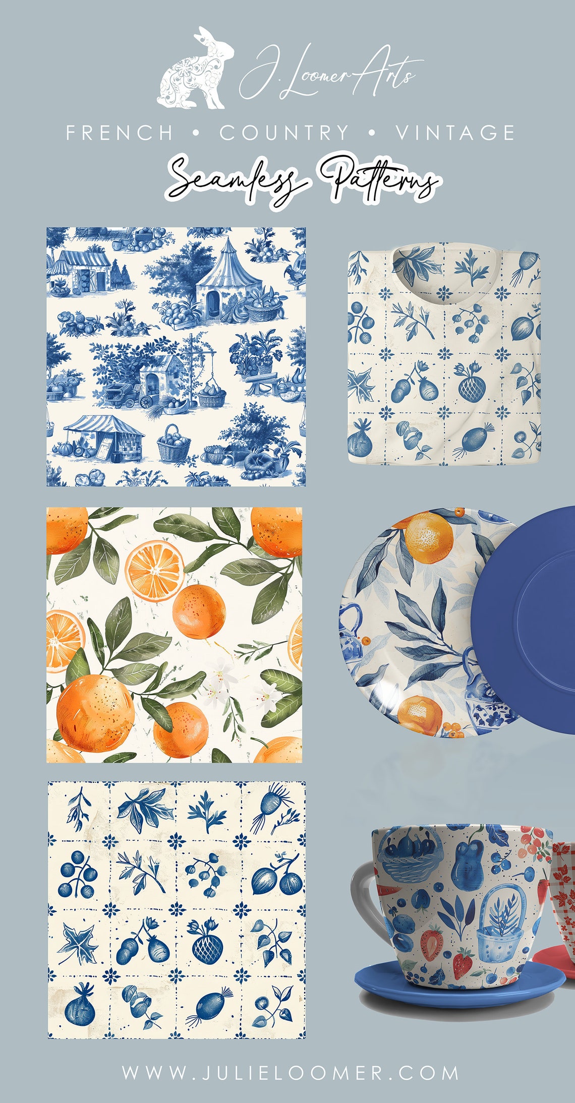French Country Toile Seamless Patterns: Shabby Chic Retro Designs (SVG ...
