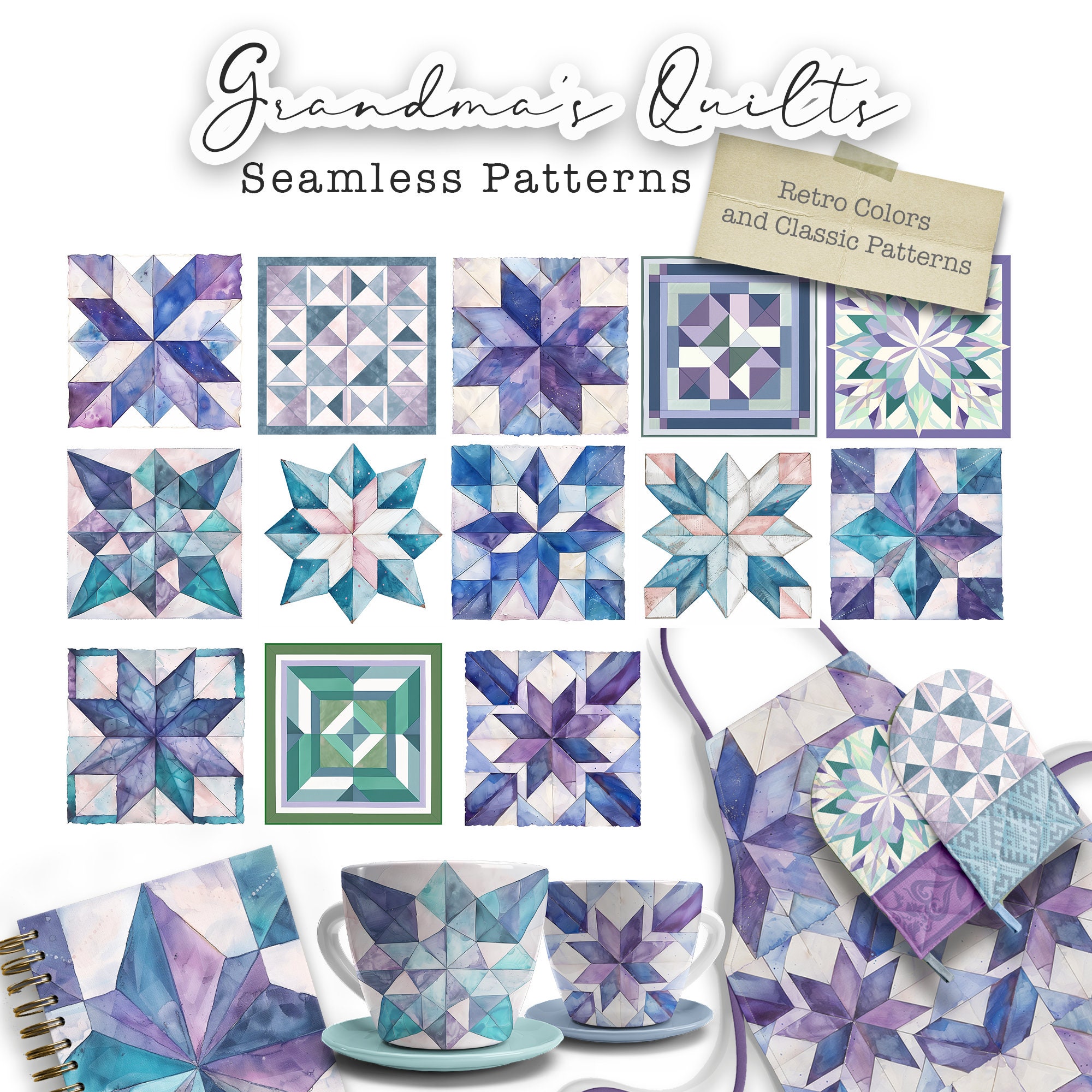 Grandma's Quilt Digital Clip Art & Seamless Patterns, Sewing Clip Art ...
