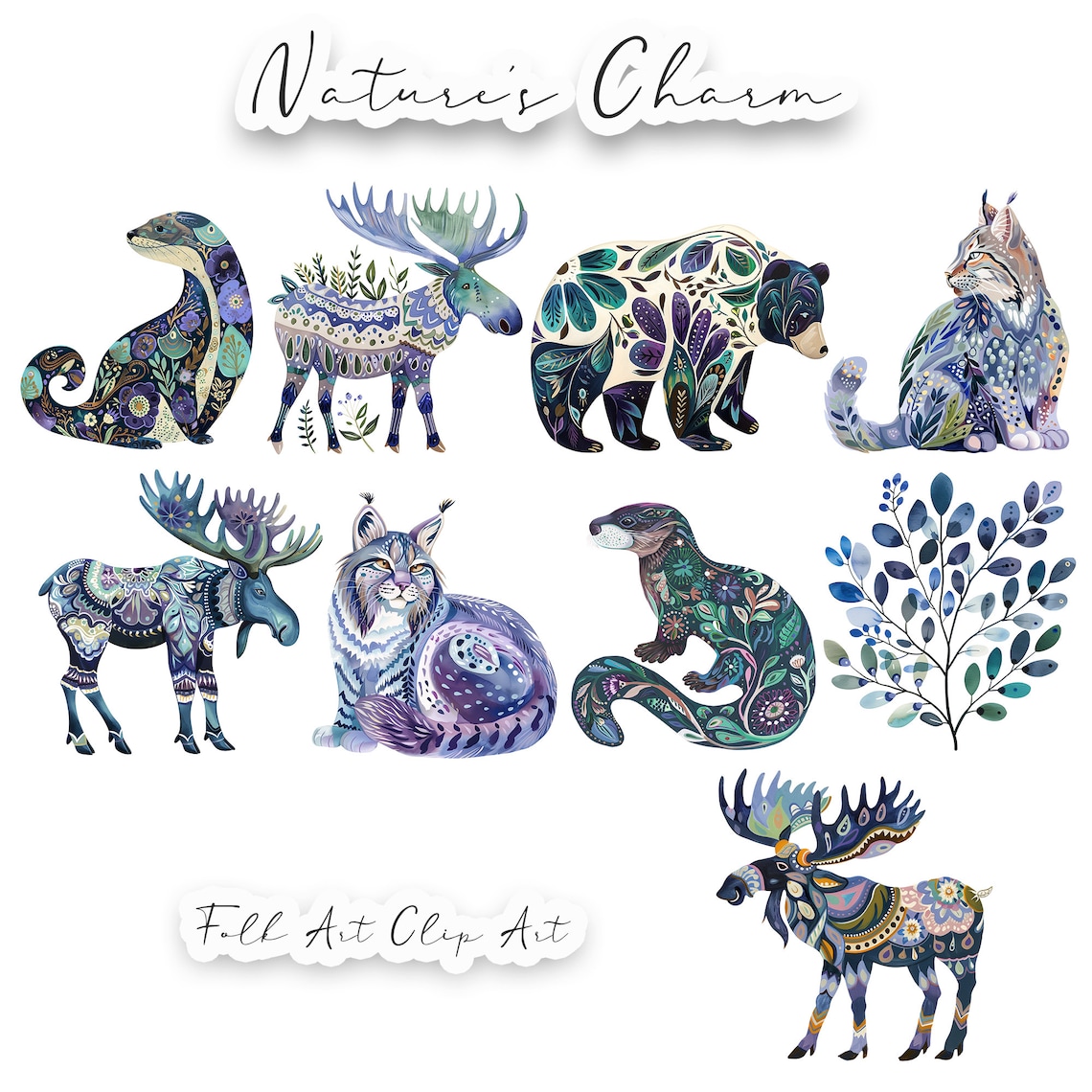 33 Nature's Charm Animal Folk Art Clip Art Bundle, Scandinavian Folk ...