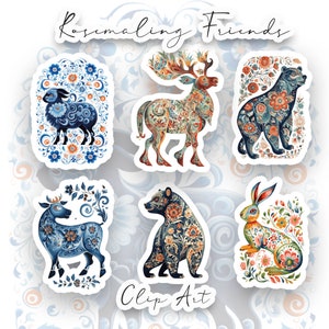 14 Rosemaling Friends Animal Folk Art Clip Art Bundle, Scandinavian ...