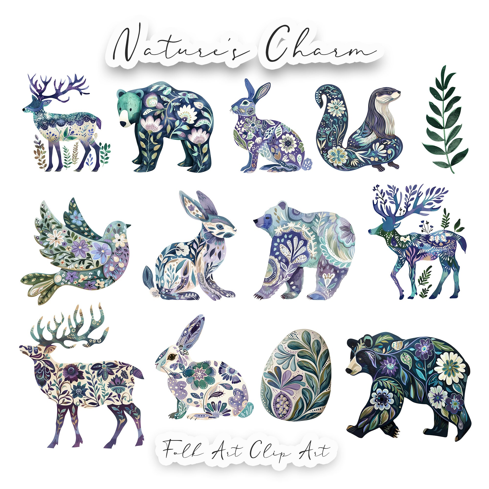 33 Nature's Charm Animal Folk Art Clip Art Bundle, Scandinavian Folk ...