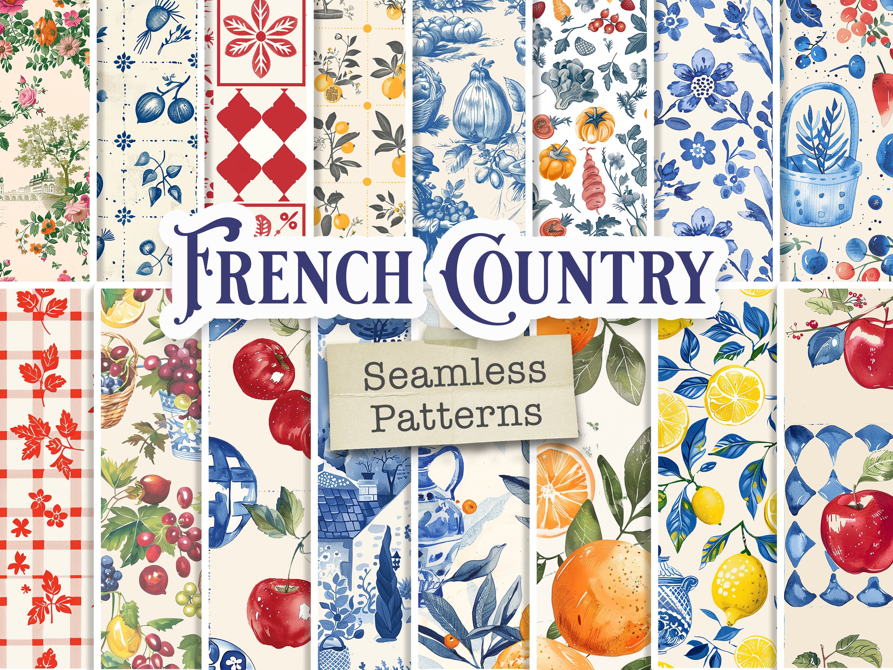 25 Pieces French Country Seamless Patterns, Retro Seamless Patterns ...