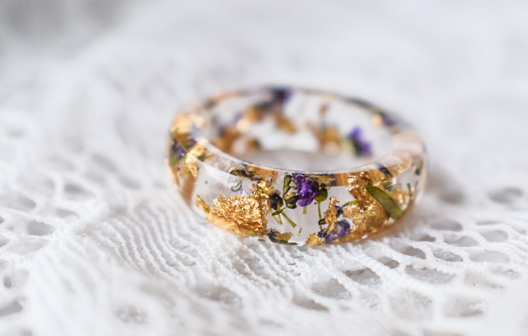 Handmade Pressed Flower Resin Ring Sweet Alyssum Flowers, Silver or ...