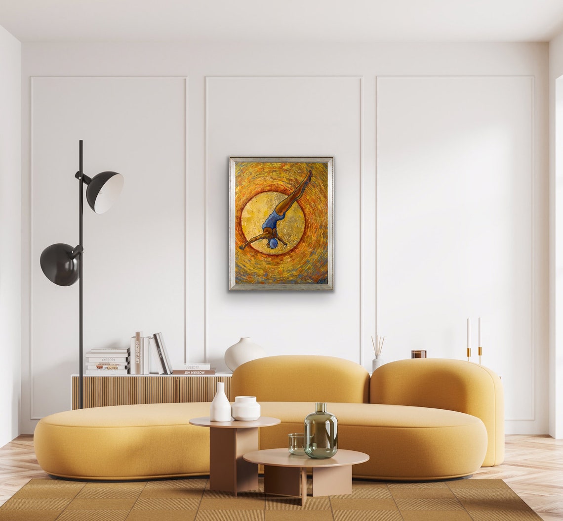 SUNSHINE JUMPING SWIMMER | Oil Painting Lava Jump Golden Yellow Sun - Etsy